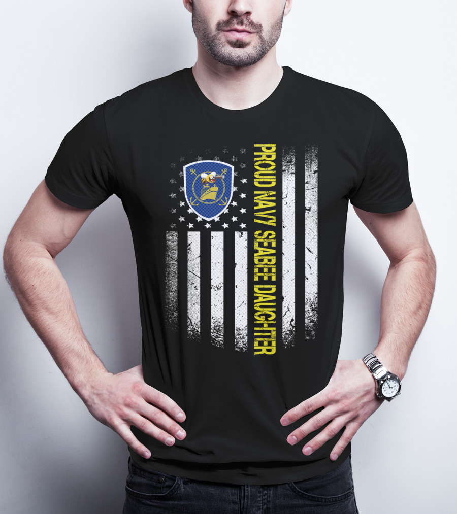 Proud Navy Seabee Daughter Black And White American Flag With Seabee Emblem T-Shirt