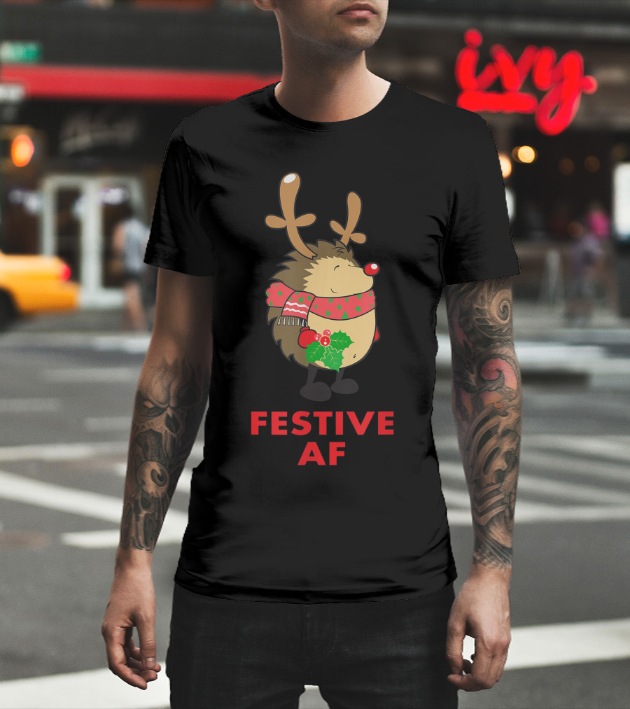 Festive AF Christmas Hedgehog With Scarf And Antlers T-Shirt