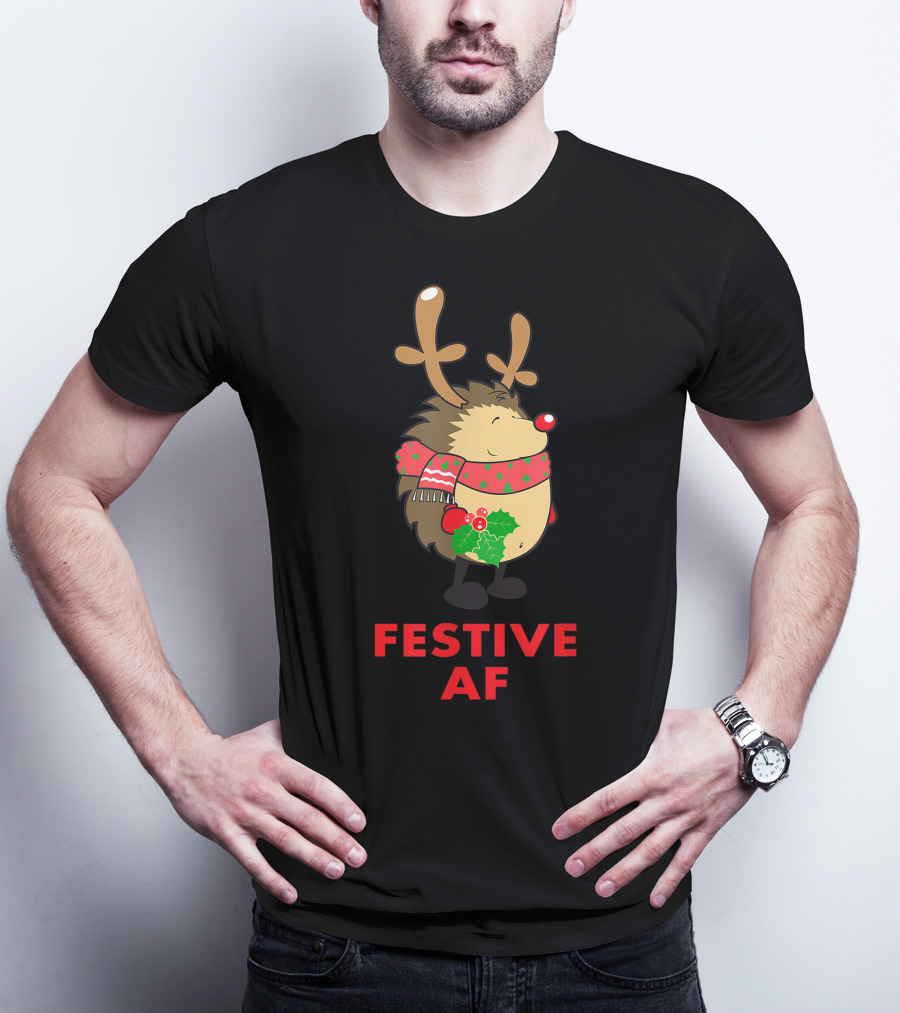 Festive AF Christmas Hedgehog With Scarf And Antlers T-Shirt