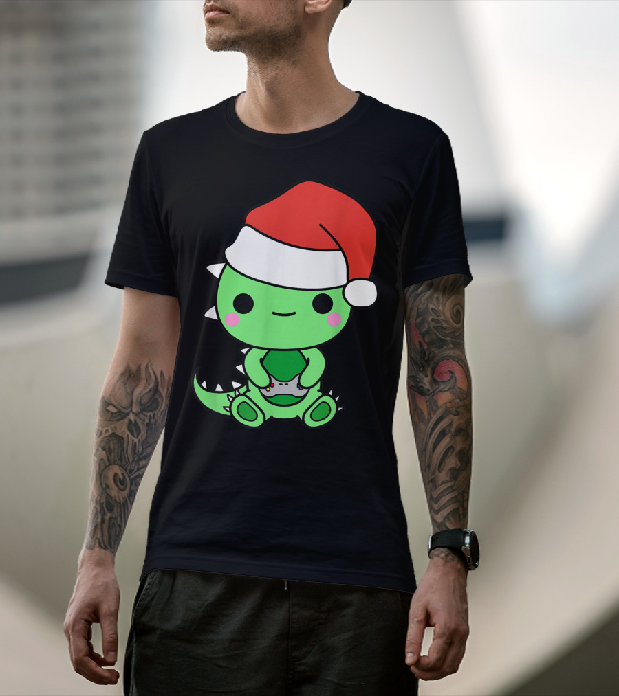 Christmas Gaming Dinosaur Santa Gamer Nerd T-Shirt