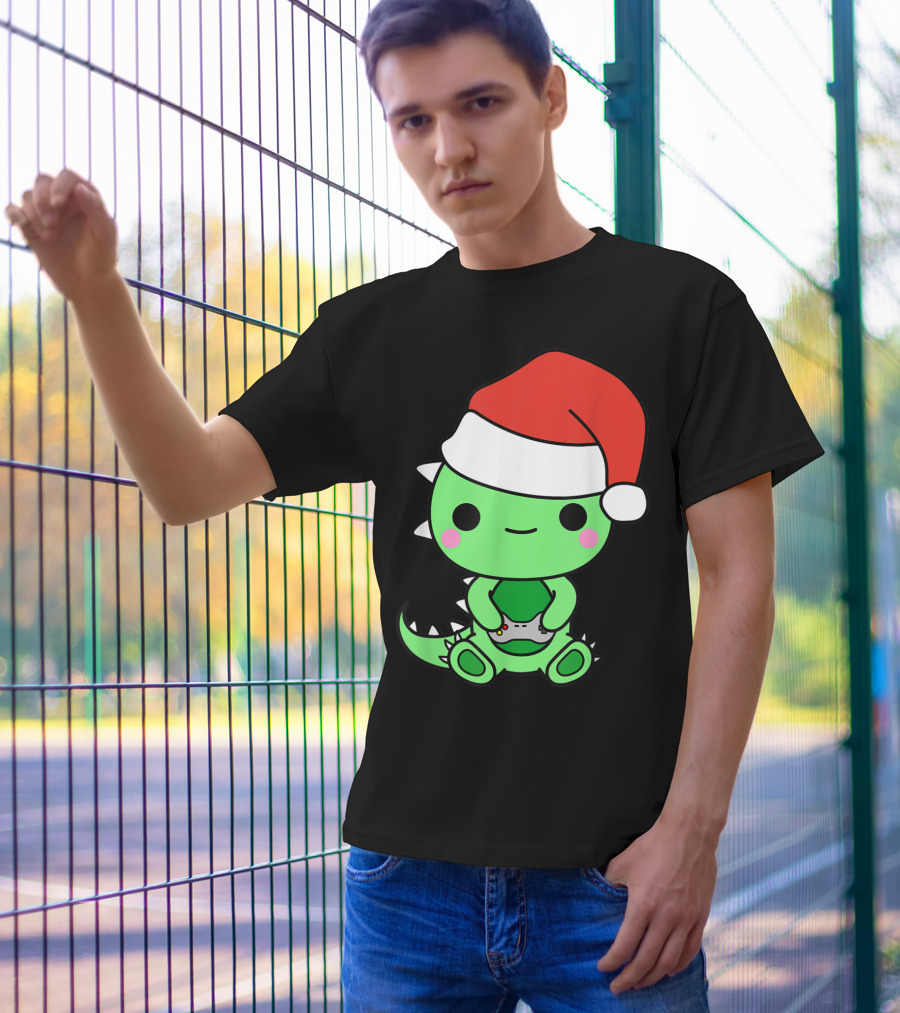 Christmas Gaming Dinosaur Santa Gamer Nerd T-Shirt