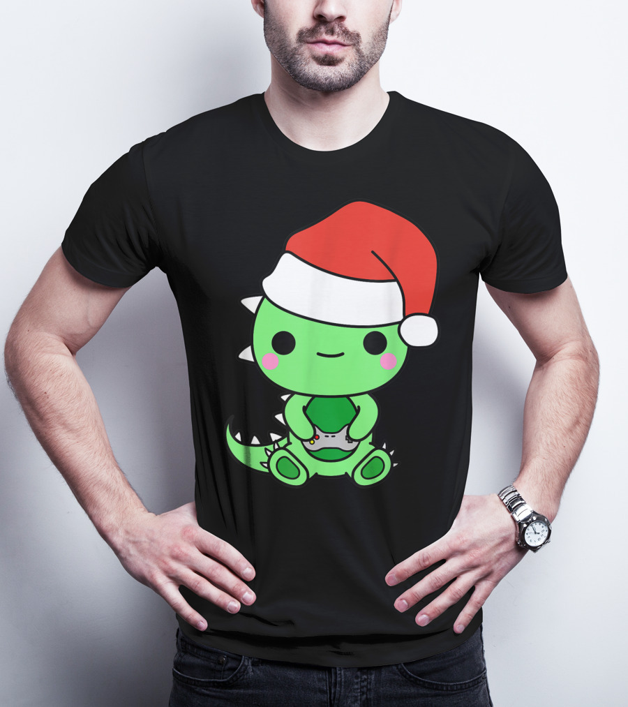 Christmas Gaming Dinosaur Santa Gamer Nerd T-Shirt