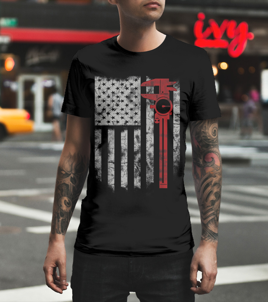 American Flag With Red Caliper For CNC Machinists T-Shirt