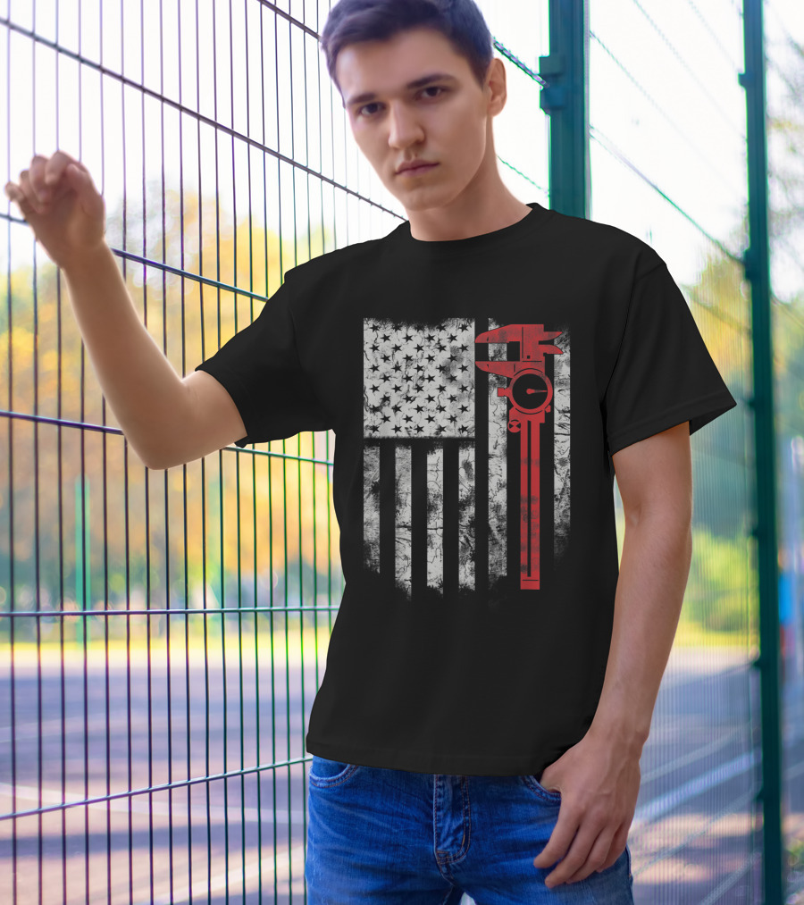 American Flag With Red Caliper For CNC Machinists T-Shirt
