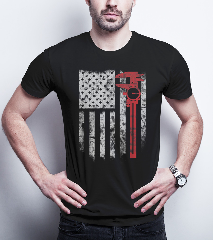 American Flag With Red Caliper For CNC Machinists T-Shirt