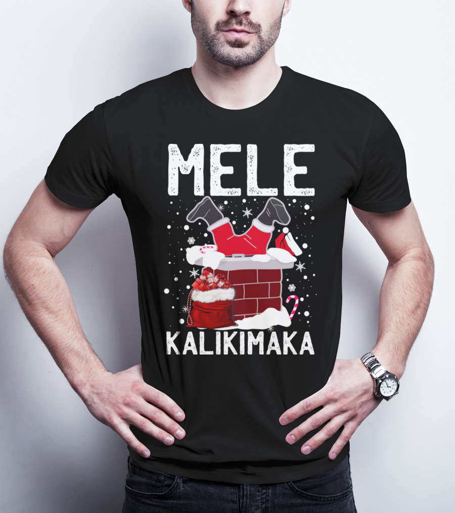 Mele Kalikimaka Santa In Chimney With Gifts Candy Cane Snowflakes Hawaiian Christmas T-Shirt