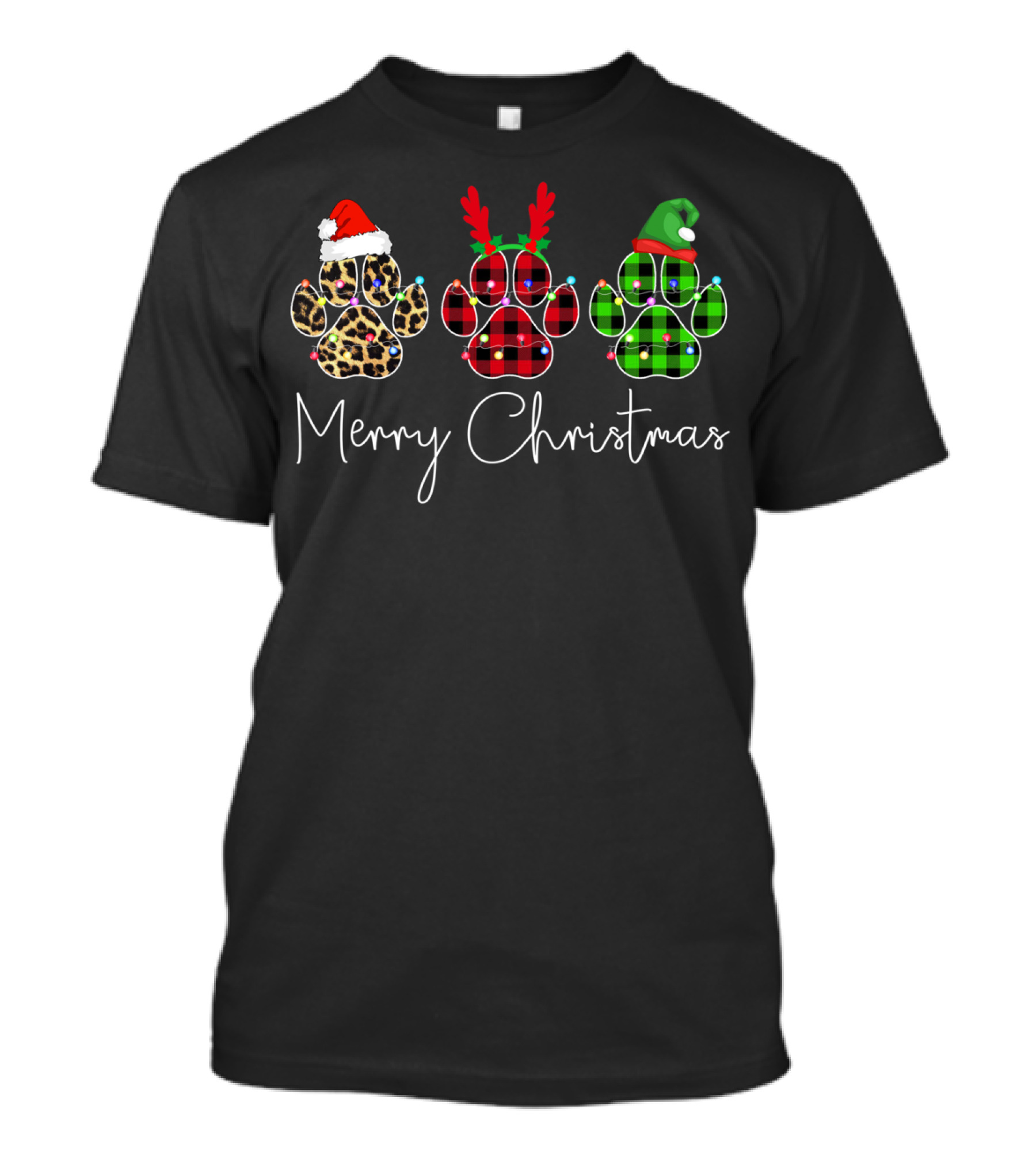 Merry Christmas Paw Dogs With Santa Hat Reindeer Antlers And Elf Hat T-Shirt