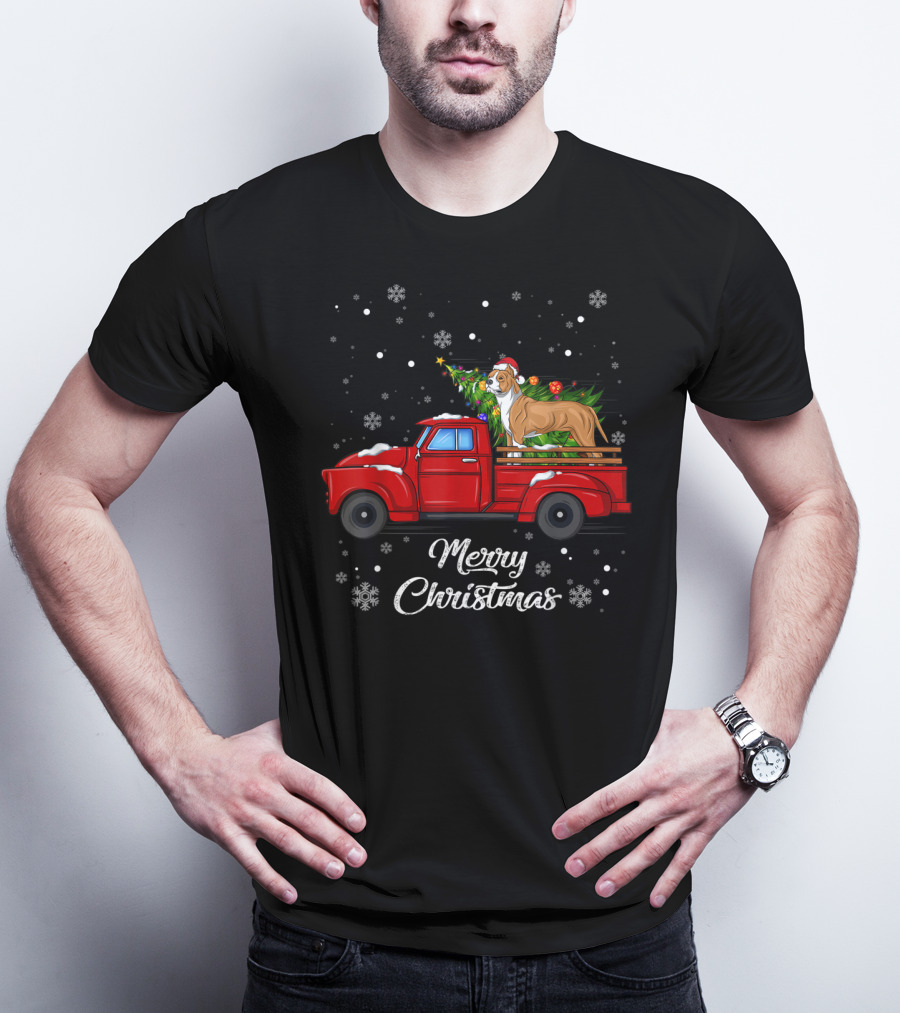 Merry Christmas Pitbull In Red Truck With Christmas Tree And Snowflakes T-Shirt