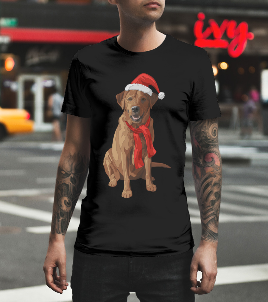 Red Labrador Retriever Dog With Christmas Santa Hat And Scarf T-Shirt