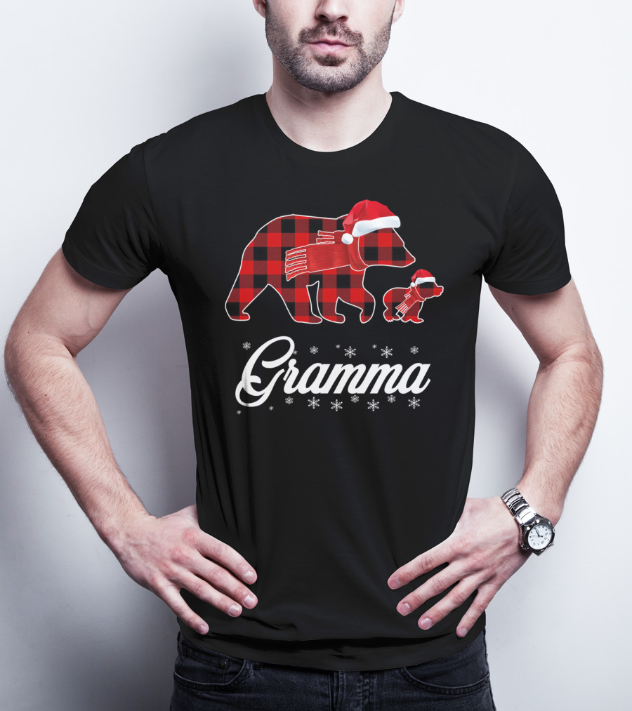 Gramma Bear Red Plaid Buffalo Check Santa Hat Snowflakes T-Shirt