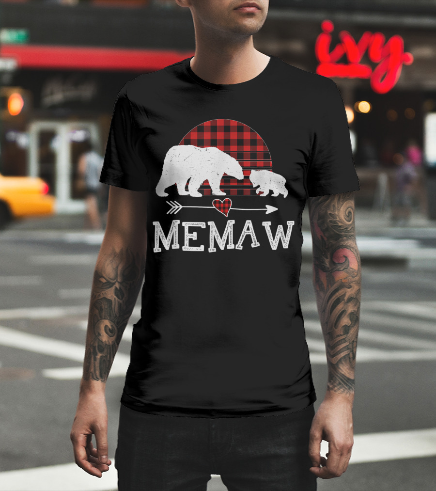Memaw Bear With Red Plaid Buffalo Check And Heart Arrow T-Shirt