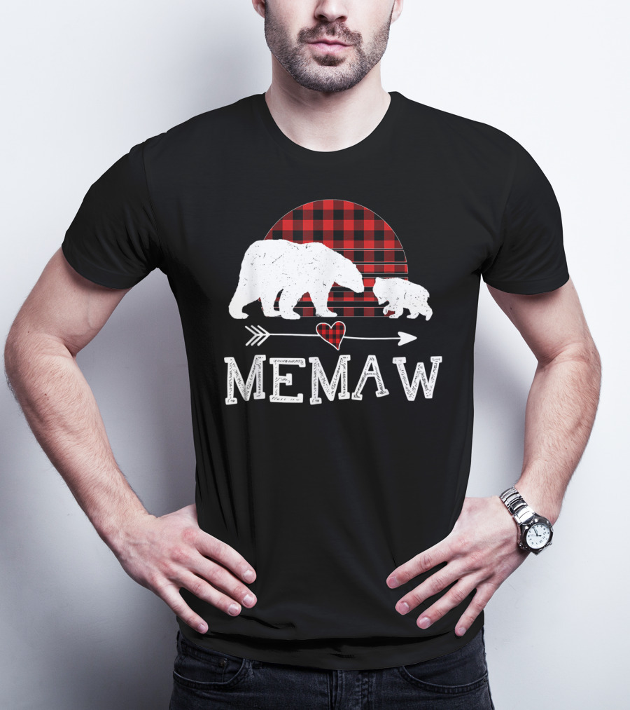 Memaw Bear With Red Plaid Buffalo Check And Heart Arrow T-Shirt