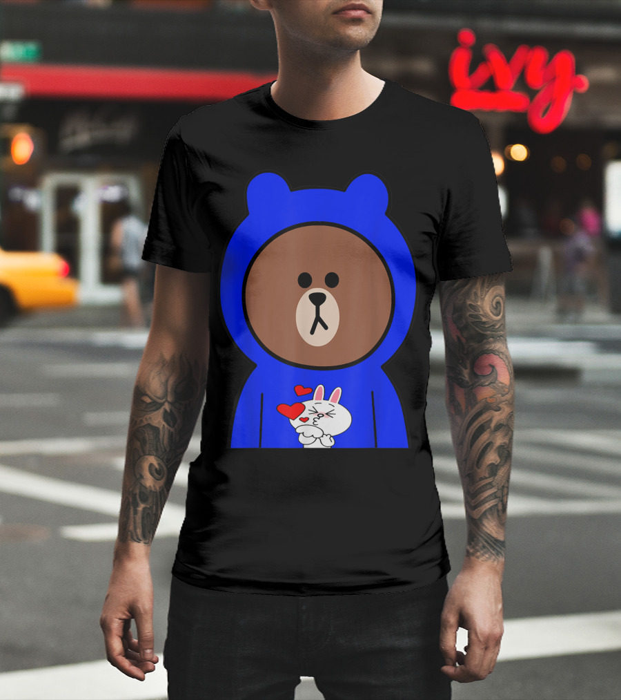 Brown Bear In Blue Hoodie With Cony Bunny Love Hearts T-Shirt