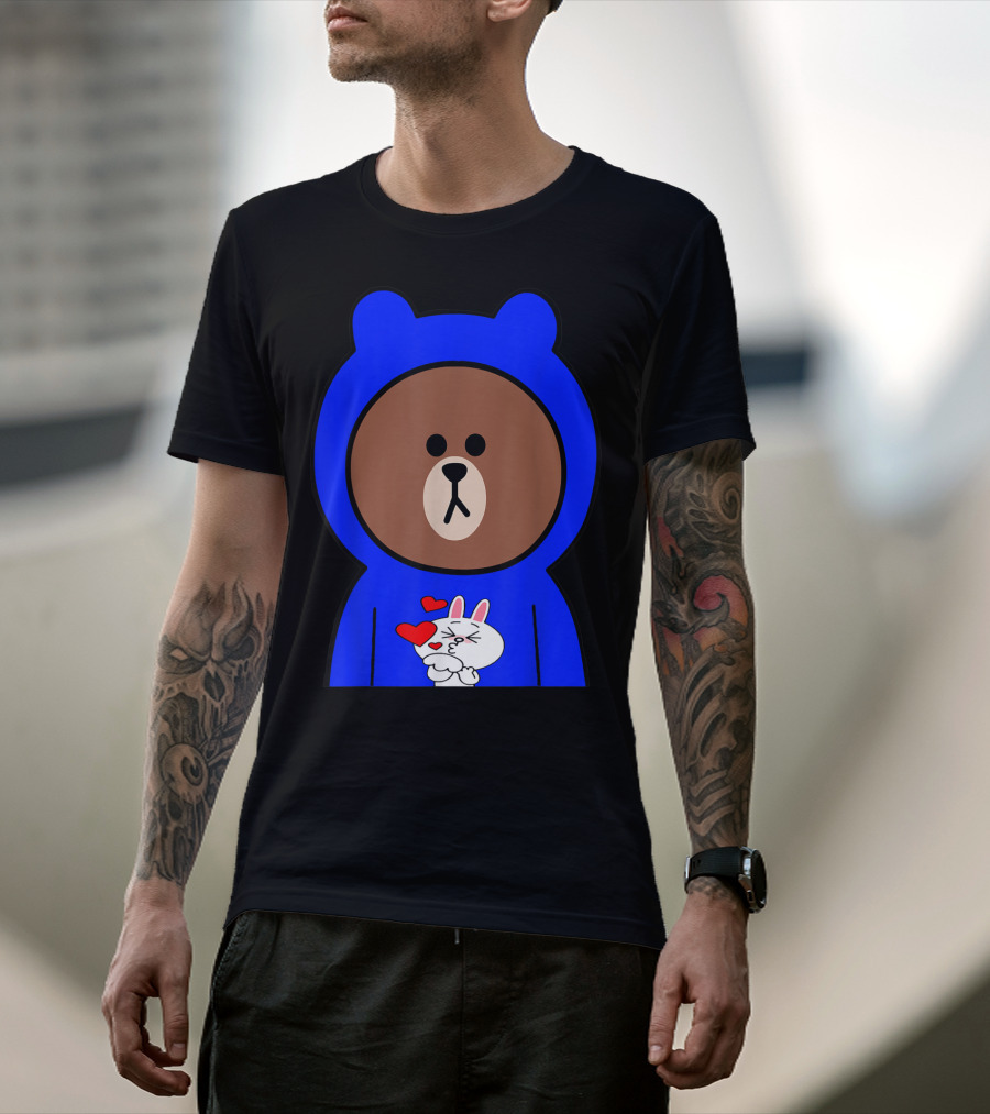 Brown Bear In Blue Hoodie With Cony Bunny Love Hearts T-Shirt