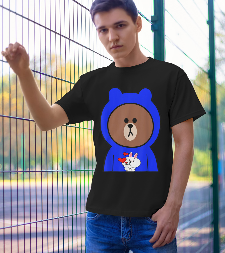 Brown Bear In Blue Hoodie With Cony Bunny Love Hearts T-Shirt