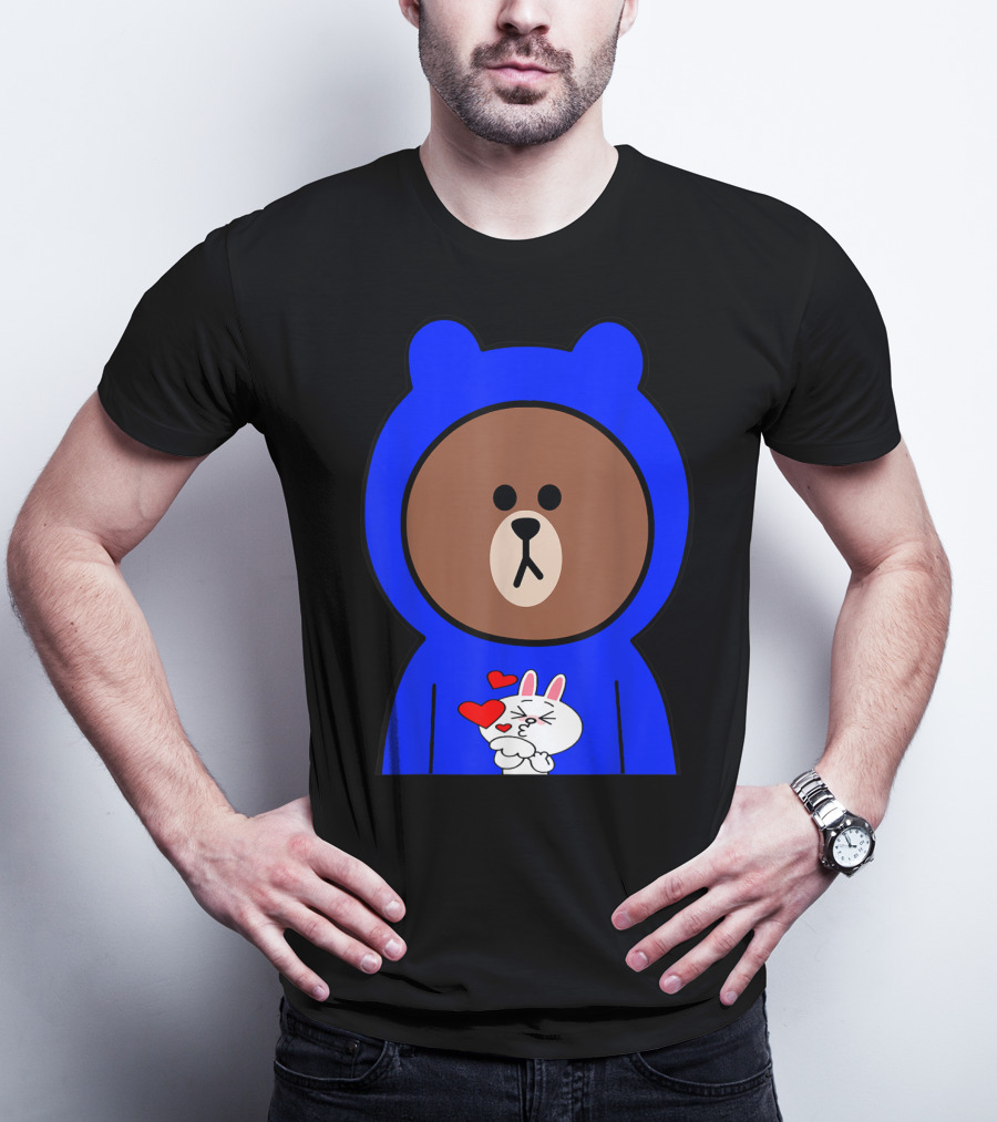 Brown Bear In Blue Hoodie With Cony Bunny Love Hearts T-Shirt