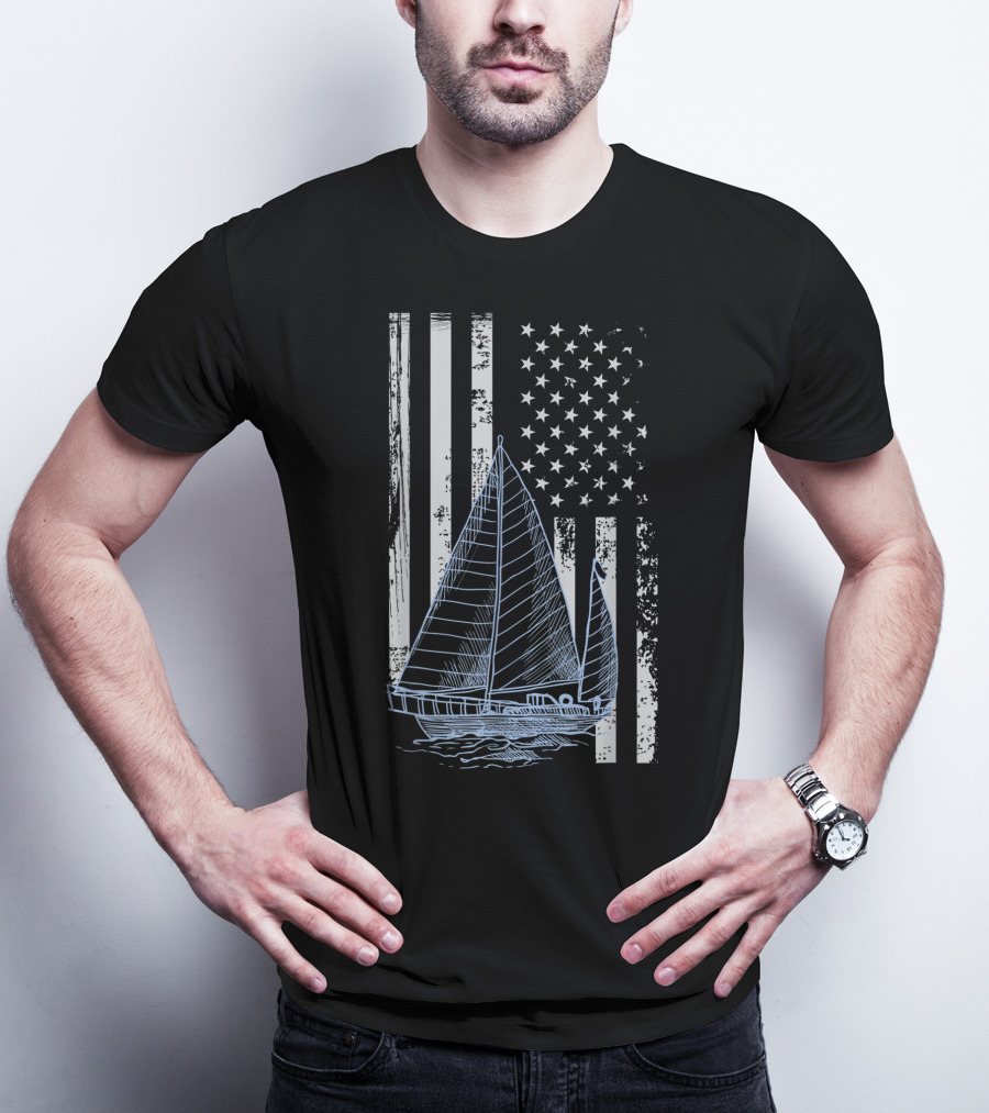 Fun Vintage Sailboat With American Flag Elements T-Shirt