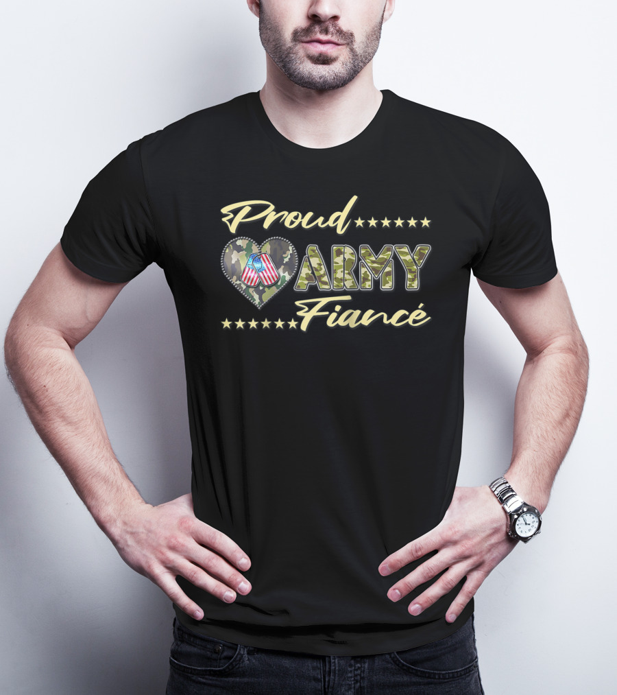 Proud Army Fiancé Camo Heart US Flag Stars T-Shirt