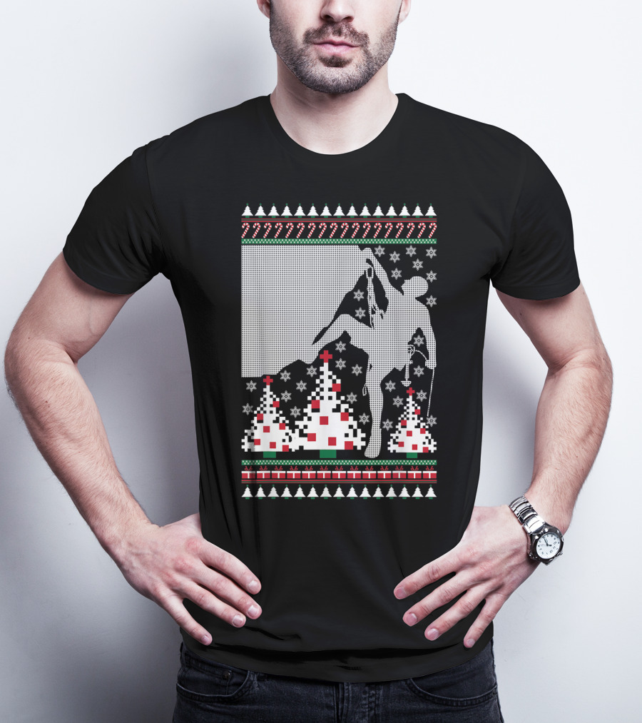 Rock Climbing Ugly Christmas Holiday Tree Pixel T-Shirt