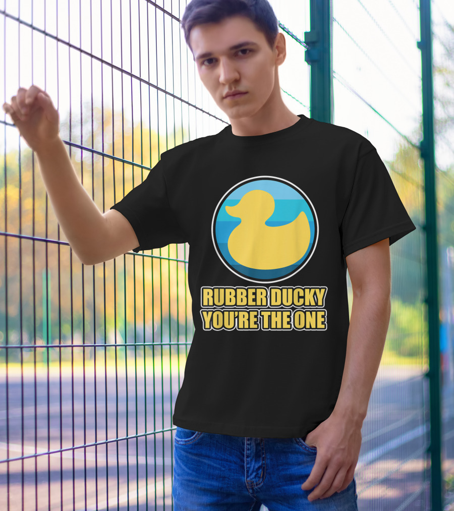 Rubber Ducky You're The One Iconic Yellow Toy Bath Duck Blue Circle Background T-Shirt