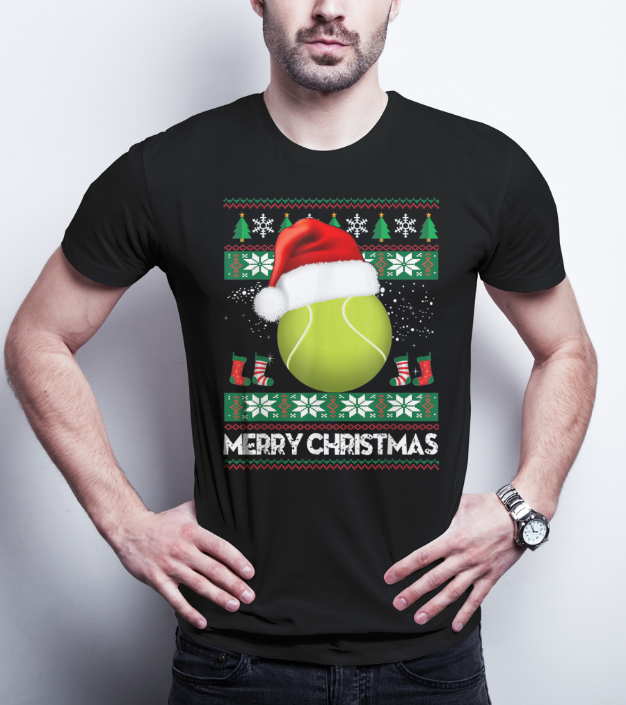 Merry Christmas Santa Hat Tennis Baum Pullover Snowflakes T-Shirt