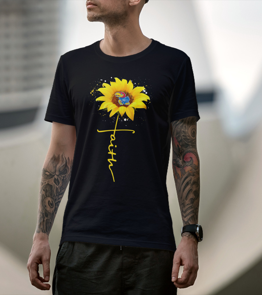 Kansas Jayhawks Sunflower Faith Cross Shape T-Shirt