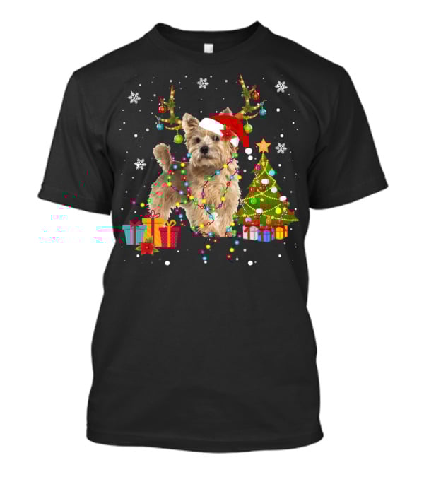 Norwich Terrier Christmas Lights Santa Hat Tree Presents Snowflakes T-Shirt