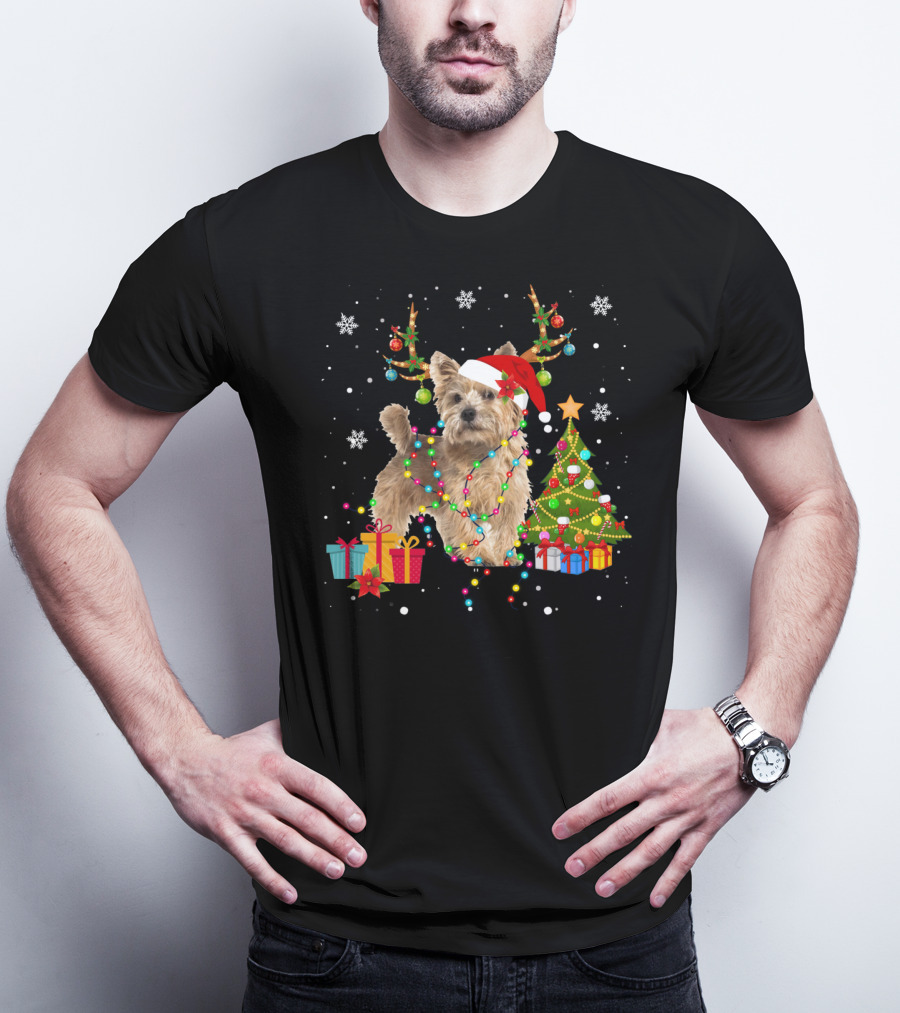 Norwich Terrier Christmas Lights Santa Hat Tree Presents Snowflakes T-Shirt