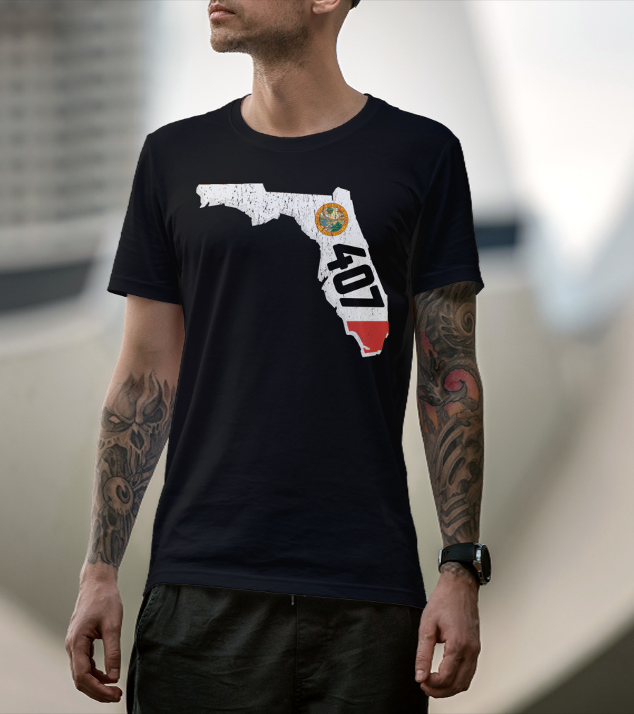 Florida Map Outline With State Seal And 407 Area Code T-Shirt