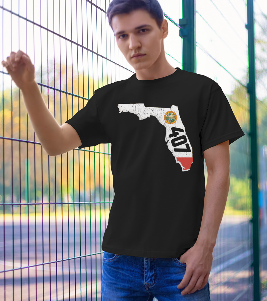 Florida Map Outline With State Seal And 407 Area Code T-Shirt