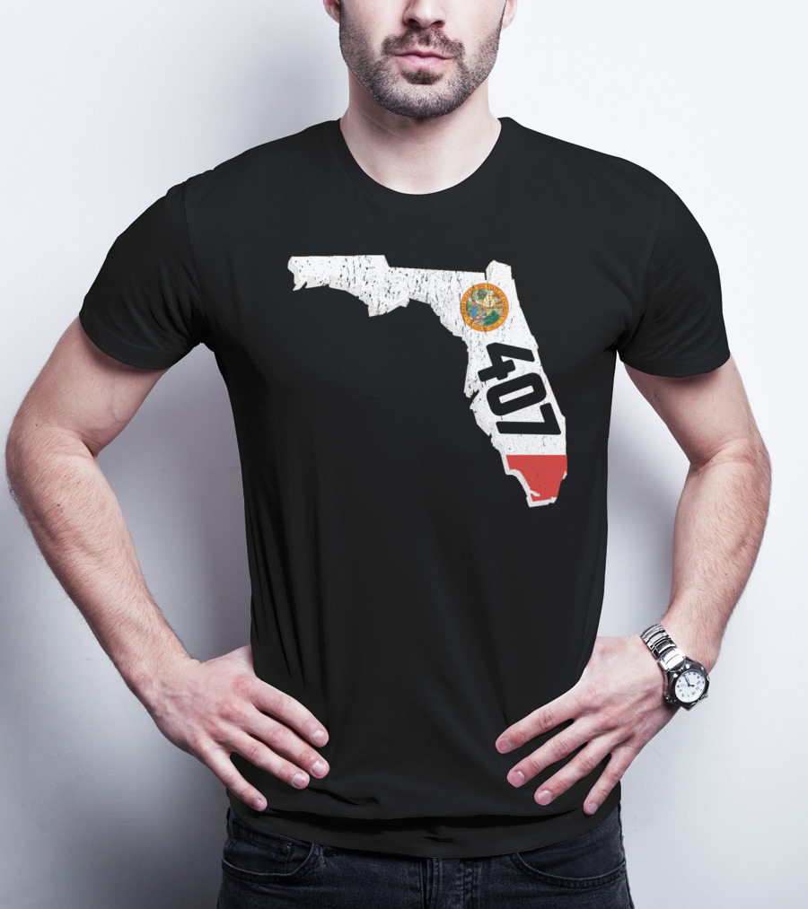 Florida Map Outline With State Seal And 407 Area Code T-Shirt