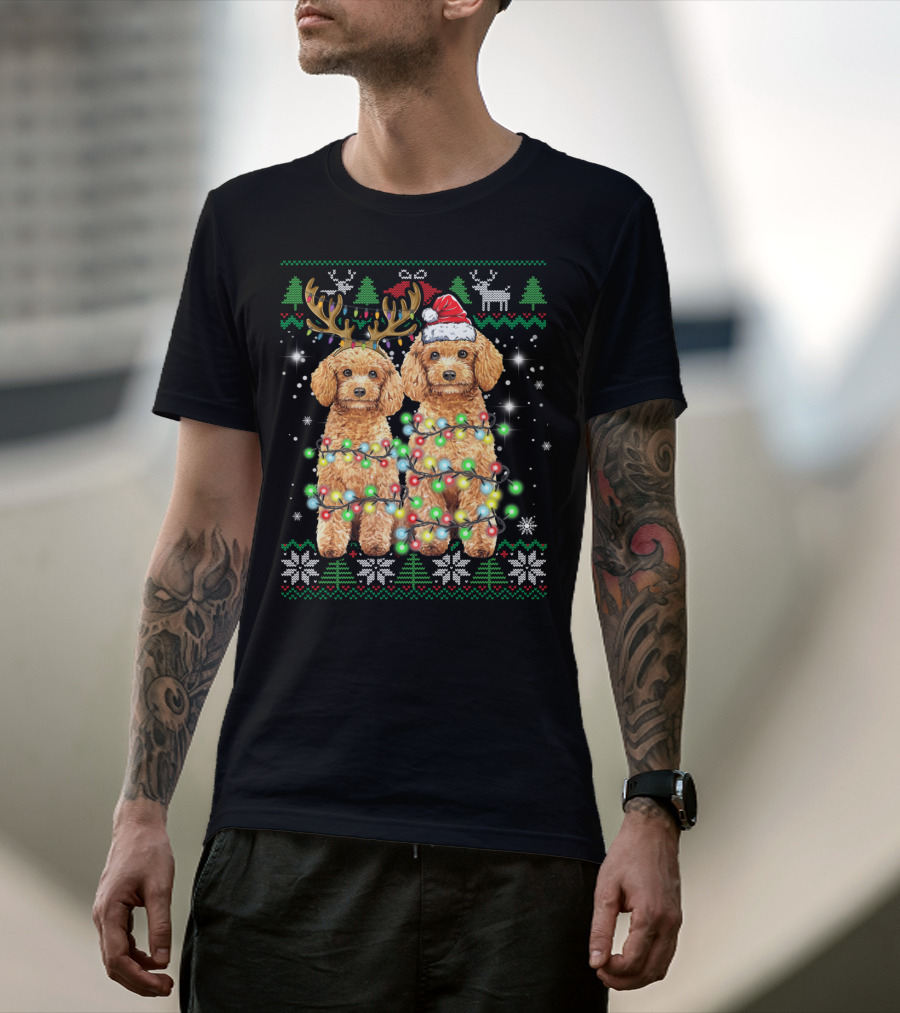 Poodle Dog Ugly Christmas Reindeer Hat Lights Puppy Funny Dog T-Shirt