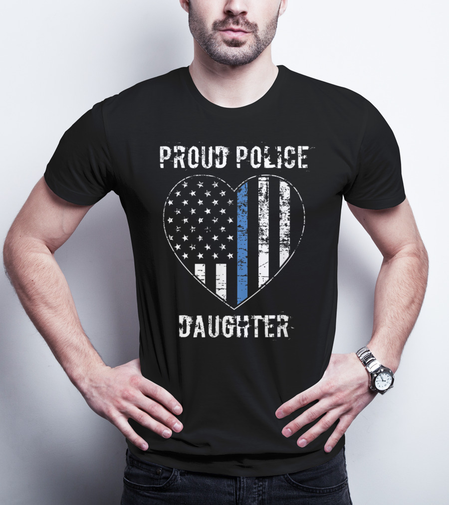 Proud Police Daughter American Flag Heart Blue Line T-Shirt