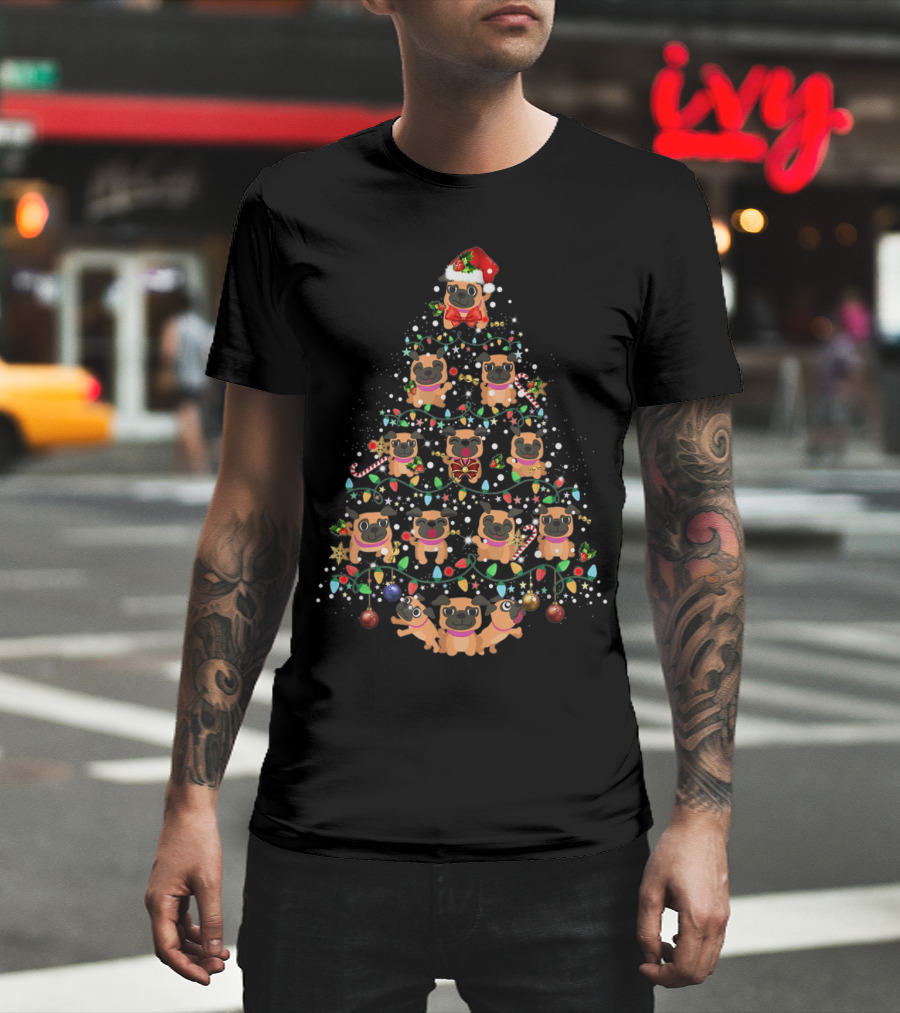 Pug Dog Christmas Tree With Santa Hat And Holiday Decorations T-Shirt