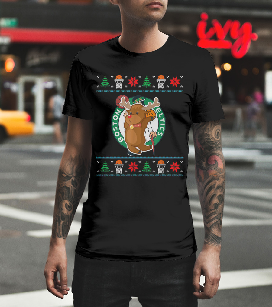 Boston Celtics Reindeer Ugly Christmas Basketball T-Shirt