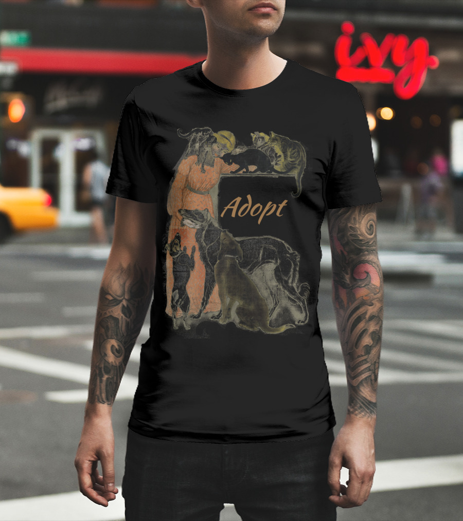 Rescue Adopt Love Dog And Cat Lover With Vintage Style Woman Surrounded By Pets T-Shirt