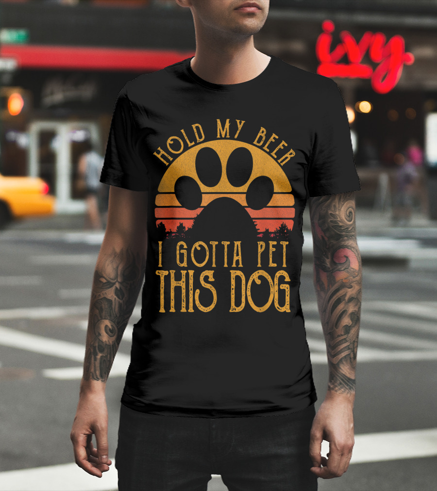 Hold My Beer I Gotta Pet This Dog Retro Vintage Paw Print Sunset T-Shirt