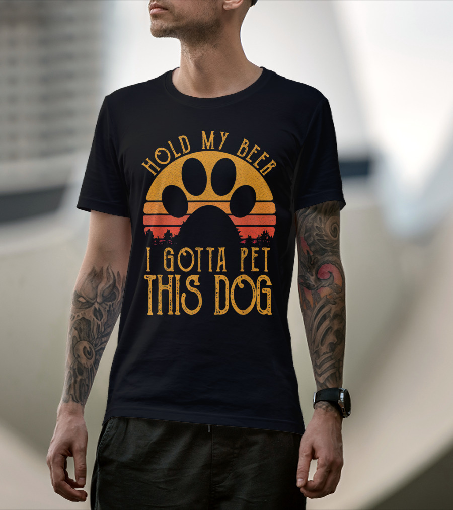 Hold My Beer I Gotta Pet This Dog Retro Vintage Paw Print Sunset T-Shirt