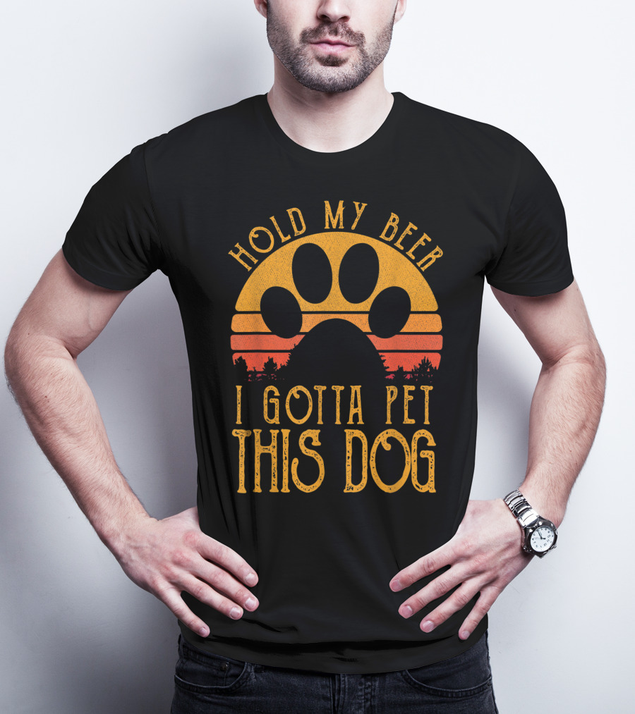 Hold My Beer I Gotta Pet This Dog Retro Vintage Paw Print Sunset T-Shirt