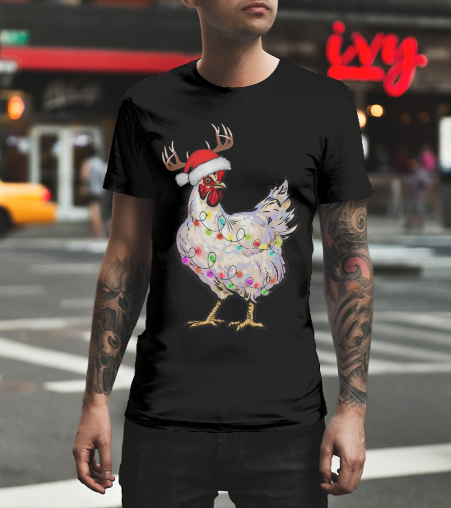 Santa Chicken Reindeer With Christmas Lights And Antlers T-Shirt