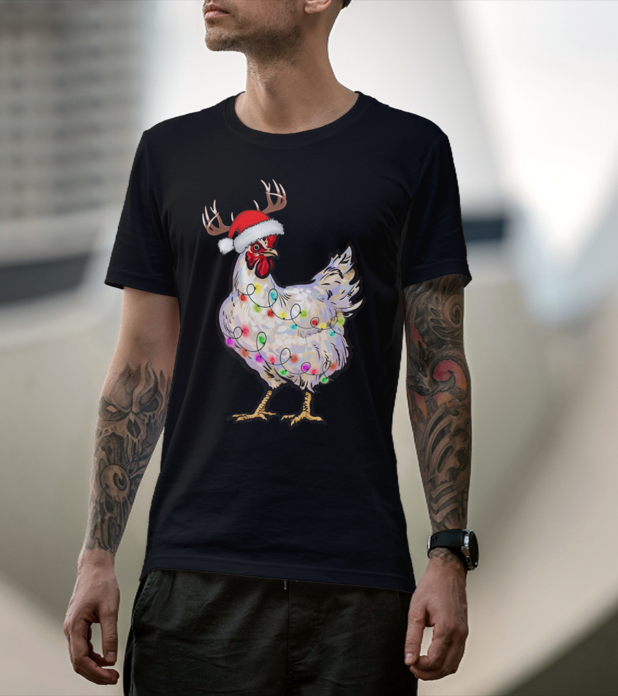 Santa Chicken Reindeer With Christmas Lights And Antlers T-Shirt
