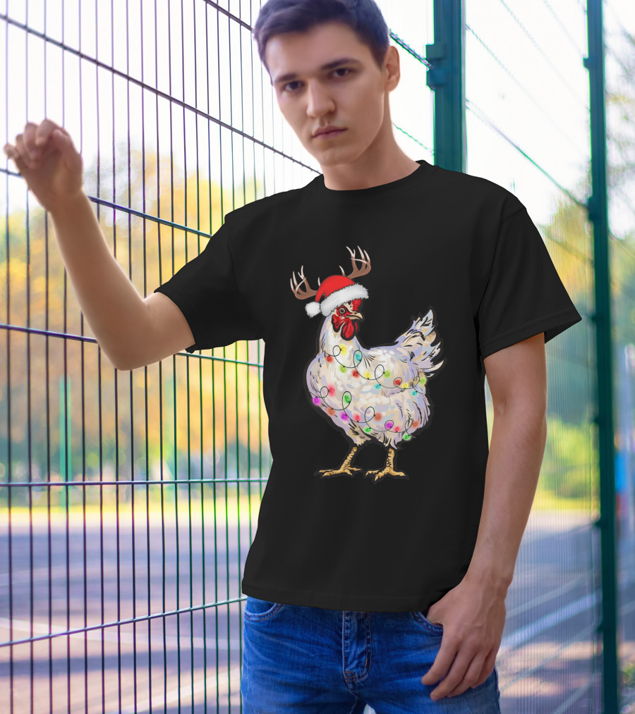 Santa Chicken Reindeer With Christmas Lights And Antlers T-Shirt