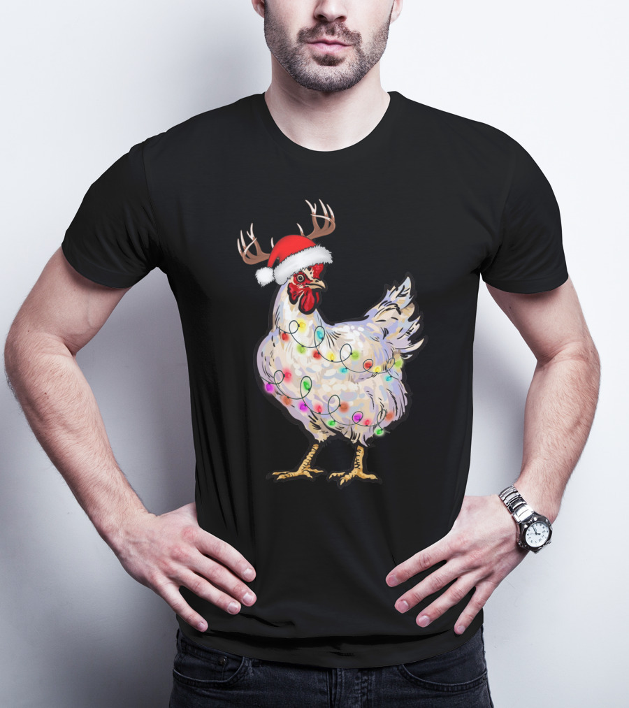 Santa Chicken Reindeer With Christmas Lights And Antlers T-Shirt