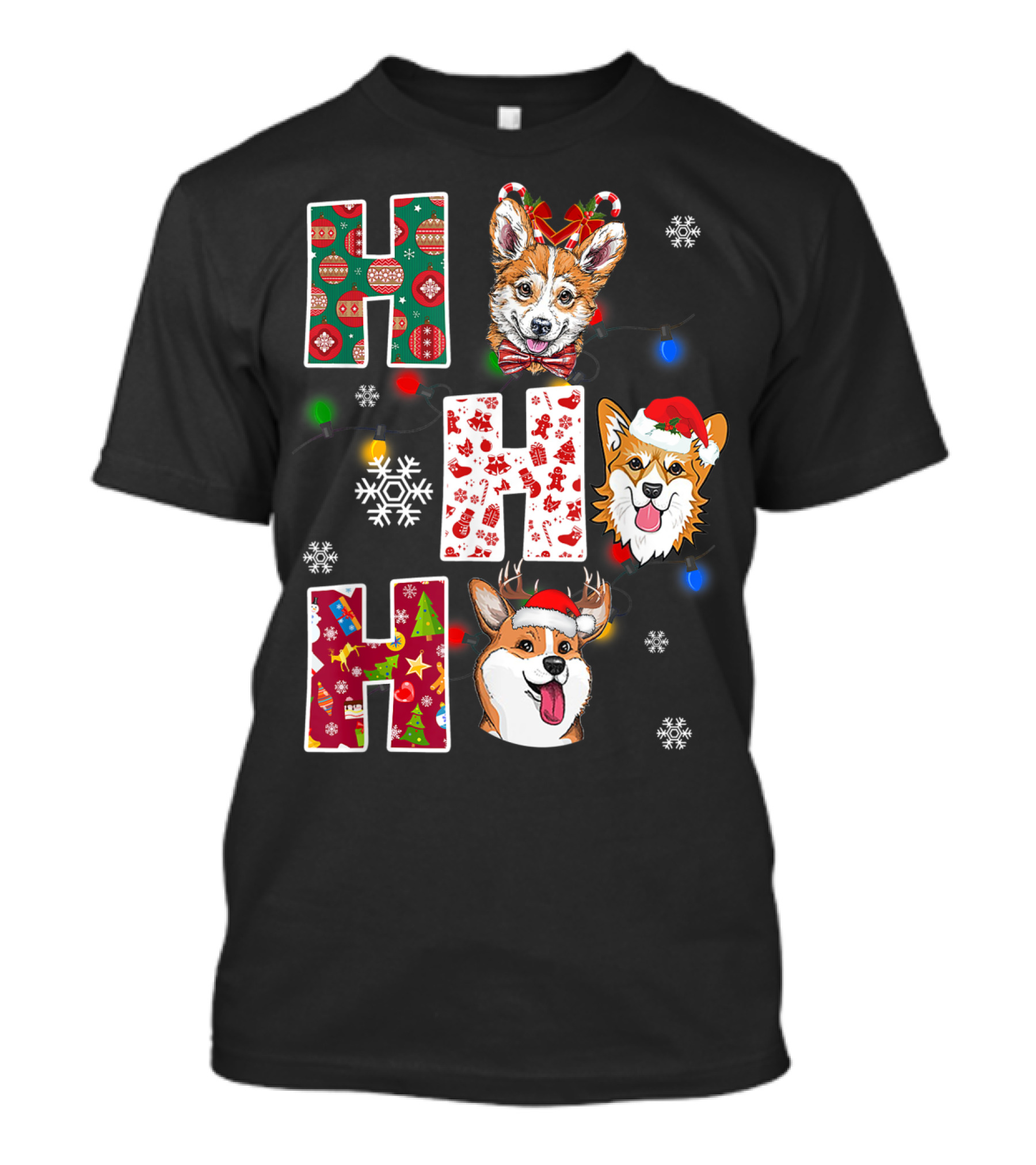 Ho Ho Ho Santa Corgi Christmas Lights Snowflakes T-Shirt