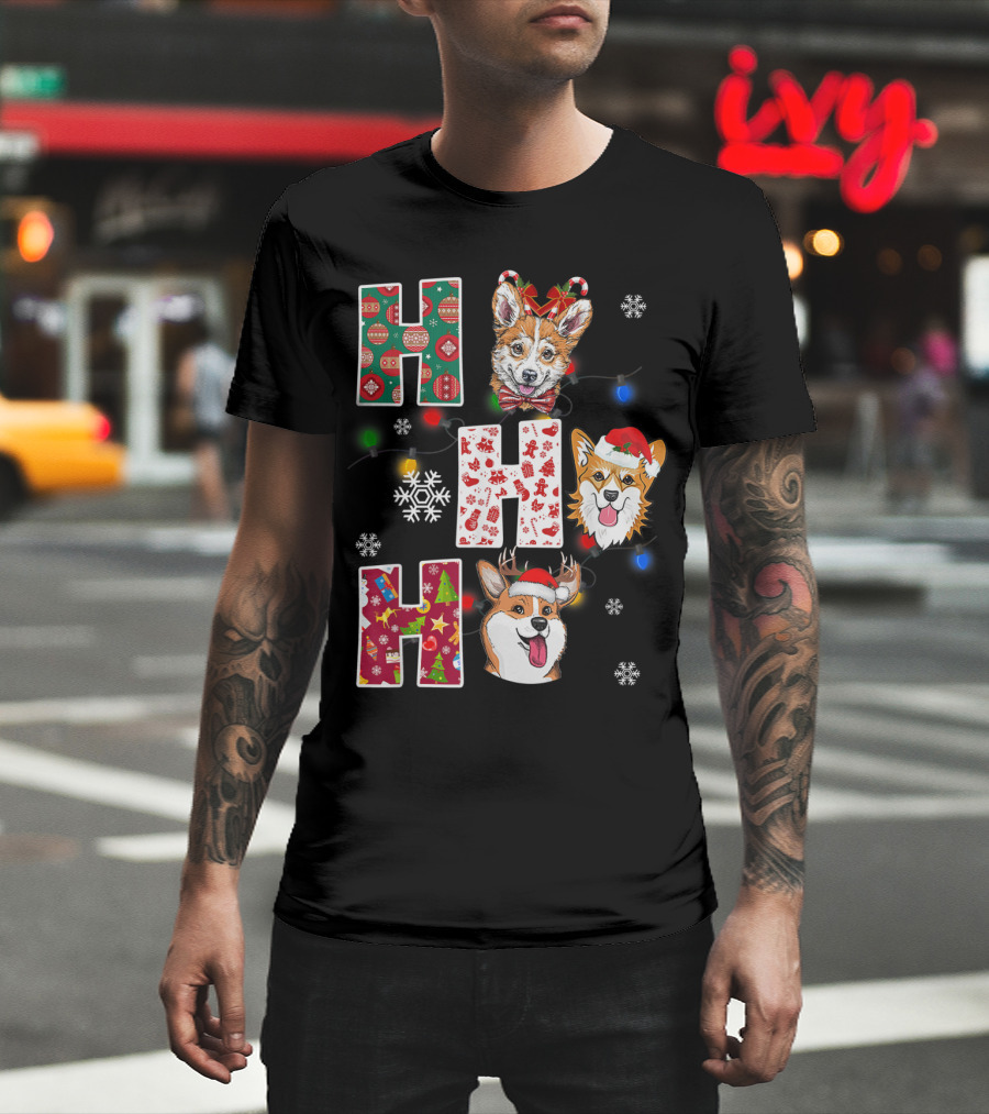 Ho Ho Ho Santa Corgi Christmas Lights Snowflakes T-Shirt
