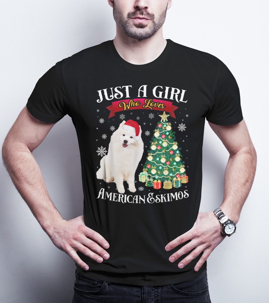 Just A Girl Who Loves American Eskimos Santa Hat Christmas Tree T-Shirt