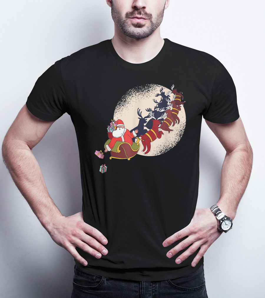 Santa Claus Flying With Reindeers Silhouette Under Full Moon Carrying Gift Sack T-Shirt