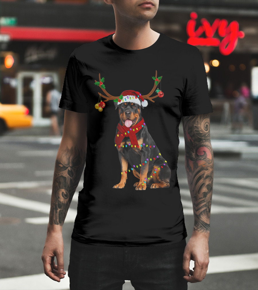 Santa Rottweiler Christmas Reindeer Lights T-Shirt