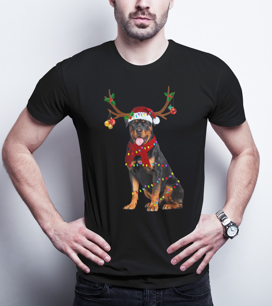 Santa Rottweiler Christmas Reindeer Lights T-Shirt