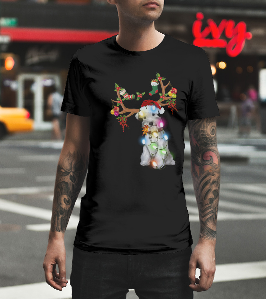 Santa Schnauzer Christmas Lights Reindeer Antlers Holiday Lover T-Shirt